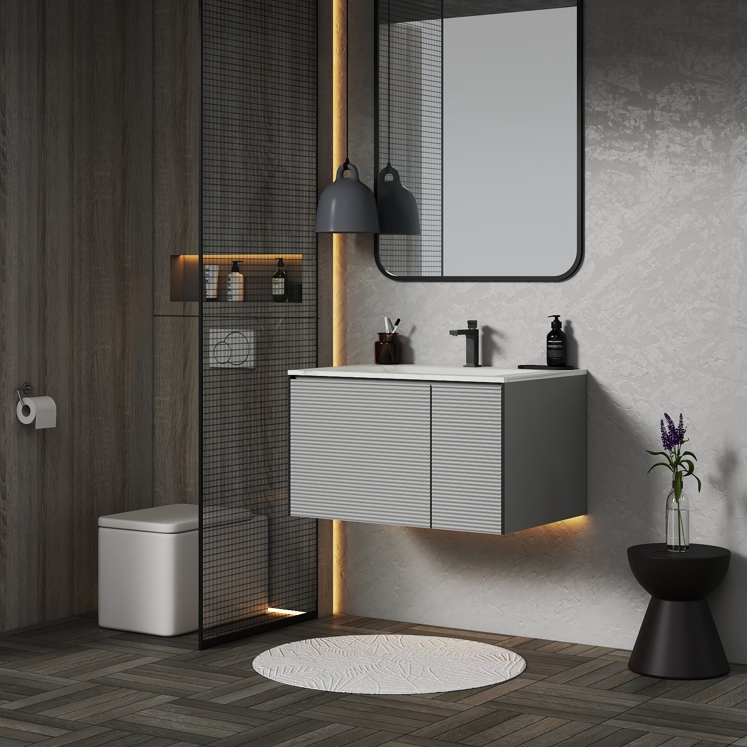 Modern Fluted Floating Vanity with Seamless Stone Sink – 32"/ 40 ...