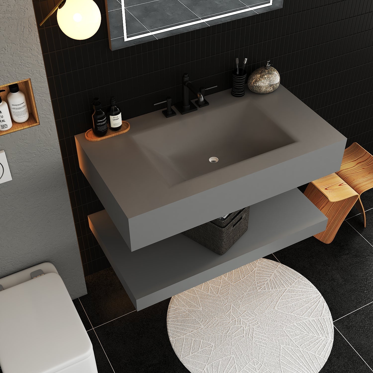 Grey Floating Vanity with Integrated Stone Sink – NeoNova Decor